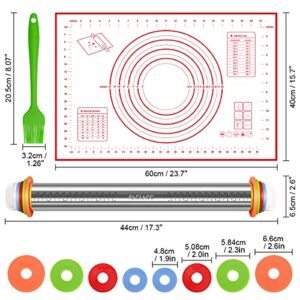 FACIACC Adjustable Rolling Pin with Thickness Rings Adjustable Stainless Steel 17.3 inch Christmas Rolling Pins with Silicone Baking Mat for Baking Dough, Pizza Pie, Pastries, Pasta and Cookies