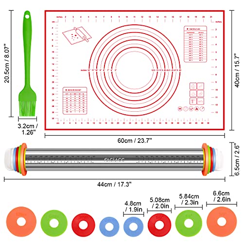 FACIACC Adjustable Rolling Pin with Thickness Rings Adjustable Stainless Steel 17.3 inch Christmas Rolling Pins with Silicone Baking Mat for Baking Dough, Pizza Pie, Pastries, Pasta and Cookies