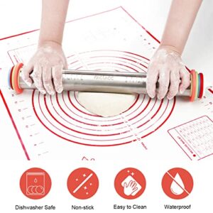 FACIACC Adjustable Rolling Pin with Thickness Rings Adjustable Stainless Steel 17.3 inch Christmas Rolling Pins with Silicone Baking Mat for Baking Dough, Pizza Pie, Pastries, Pasta and Cookies