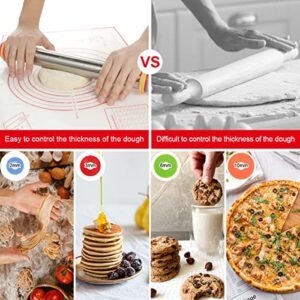 FACIACC Adjustable Rolling Pin with Thickness Rings Adjustable Stainless Steel 17.3 inch Christmas Rolling Pins with Silicone Baking Mat for Baking Dough, Pizza Pie, Pastries, Pasta and Cookies