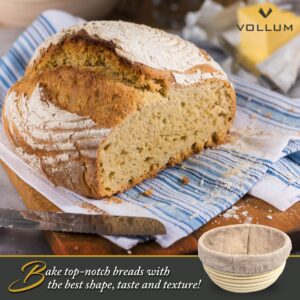 Vollum Bread Proofing Basket Banneton Baking Supplies for Beginners & Professional Bakers, Handwoven Rattan Cane Bread Maker with Linen for Artisan Breads, 7 x 4 Inch, 0.5-Pound Round Brotform