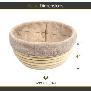 Vollum Bread Proofing Basket Banneton Baking Supplies for Beginners & Professional Bakers, Handwoven Rattan Cane Bread Maker with Linen for Artisan Breads, 7 x 4 Inch, 0.5-Pound Round Brotform