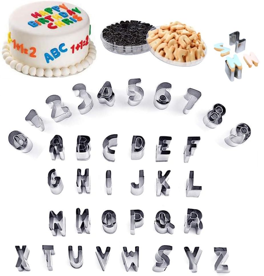 Mini Alphabet Number Cookie Cutters Sets of 37 Pieces Letter Mold Tools for Fondant Biscuit,Cake,Fruit,Vegetables,or Dough Stainless Steel