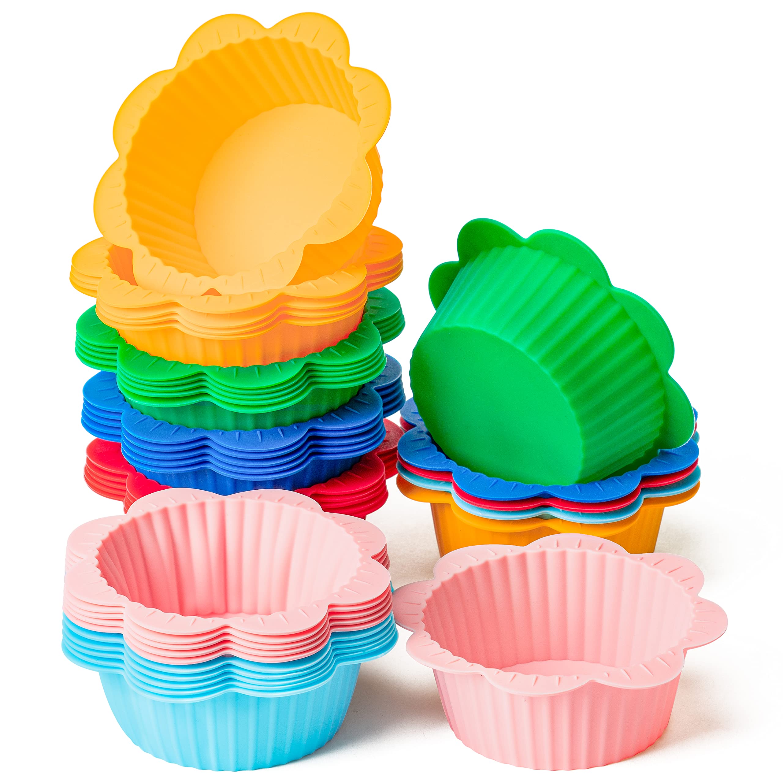 R HORSE 36Pcs Silicone Cupcake Liners Multicolor Flower Shapes Silicone Baking Cups Non-Stick Muffin Liners Washable Muffin Molds Reusable Silicone Cupcake Molds for Pan Oven Microwave Dishwasher