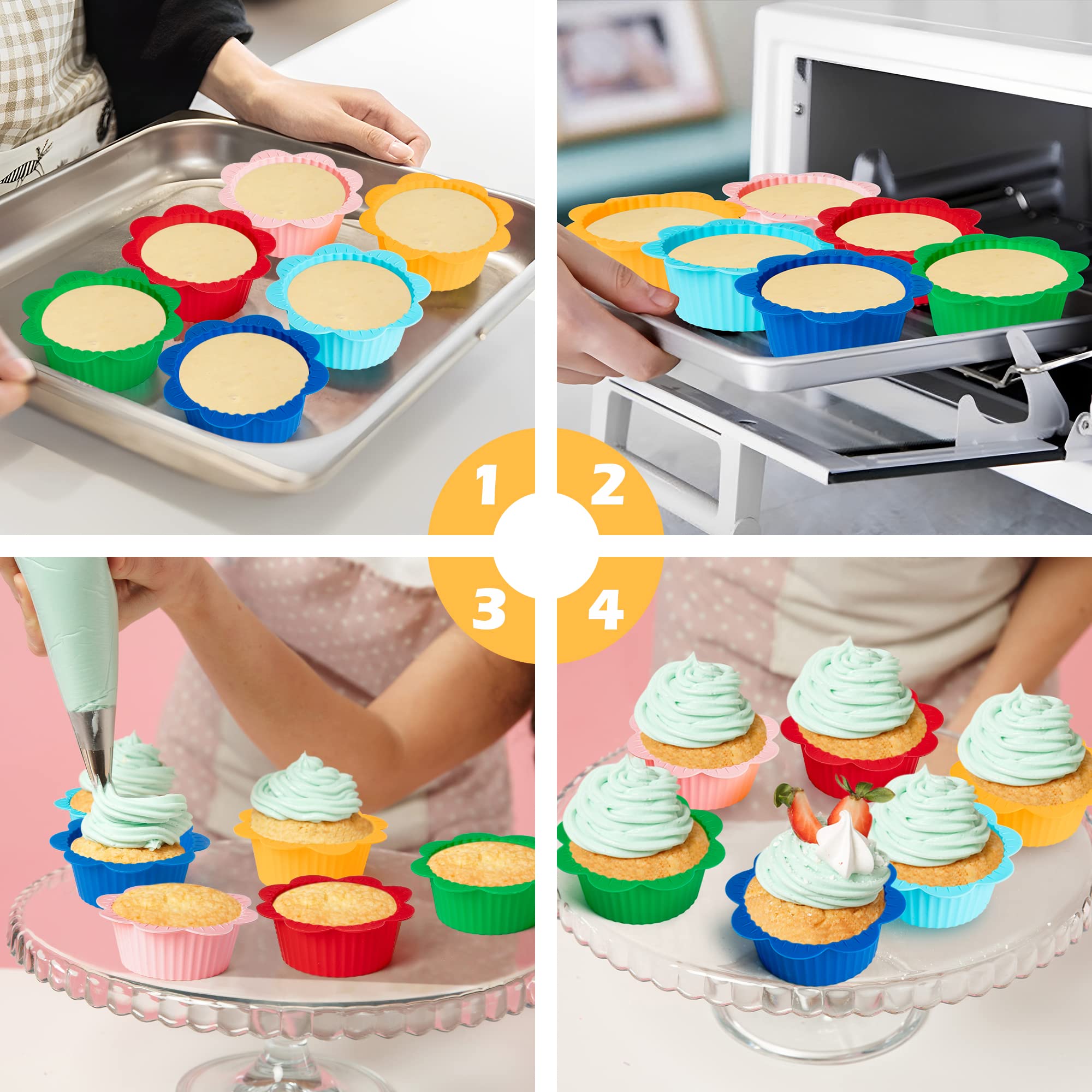 R HORSE 36Pcs Silicone Cupcake Liners Multicolor Flower Shapes Silicone Baking Cups Non-Stick Muffin Liners Washable Muffin Molds Reusable Silicone Cupcake Molds for Pan Oven Microwave Dishwasher