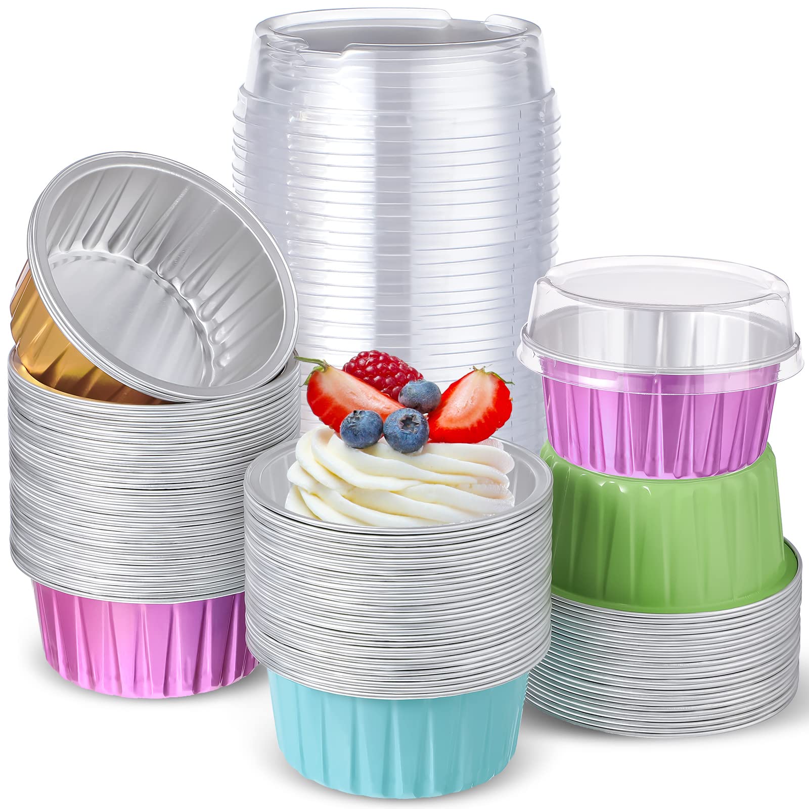 200 Pcs Aluminum Foil Cupcake Baking Cups 4.2 oz Disposable Ramekins Cupcake Liners Dessert Cups with Lids Mini Cake Pans Holders Mini Cheesecake Container for Valentine's Day Party (Vivid Colors)