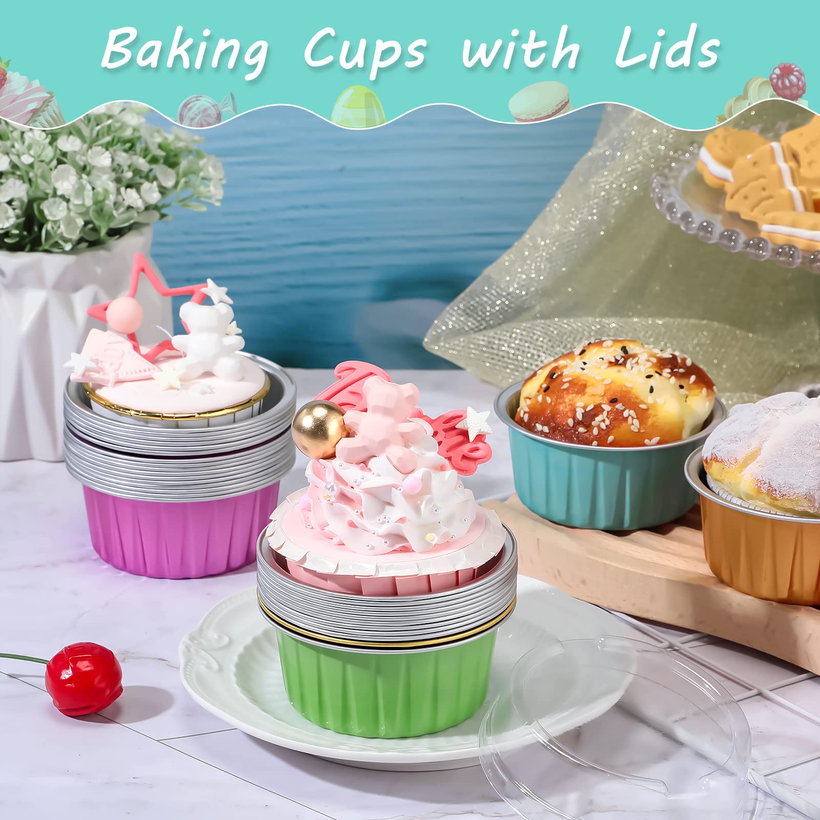 200 Pcs Aluminum Foil Cupcake Baking Cups 4.2 oz Disposable Ramekins Cupcake Liners Dessert Cups with Lids Mini Cake Pans Holders Mini Cheesecake Container for Valentine's Day Party (Vivid Colors)