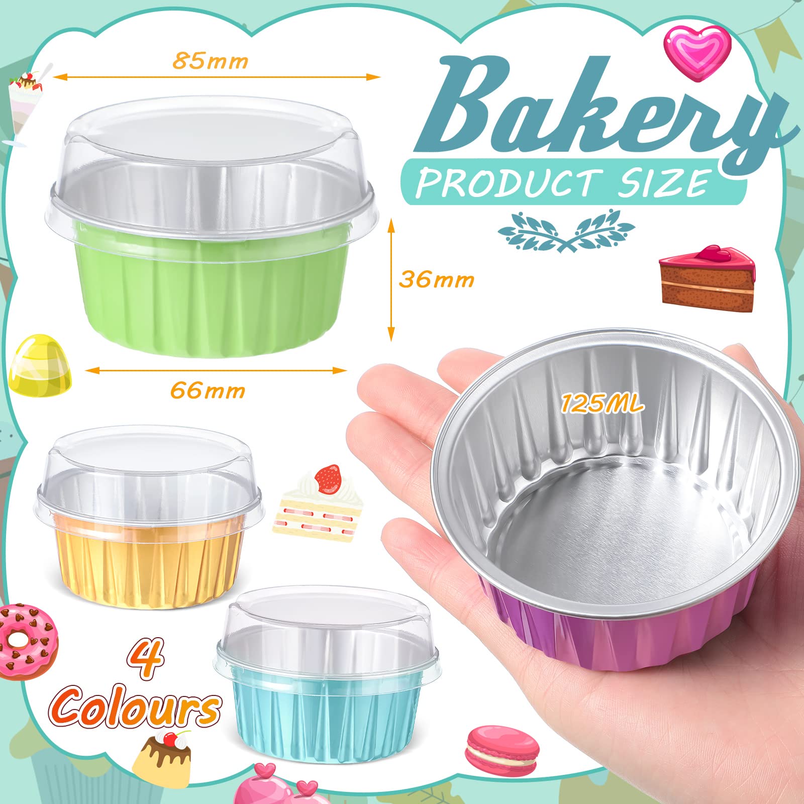 200 Pcs Aluminum Foil Cupcake Baking Cups 4.2 oz Disposable Ramekins Cupcake Liners Dessert Cups with Lids Mini Cake Pans Holders Mini Cheesecake Container for Valentine's Day Party (Vivid Colors)