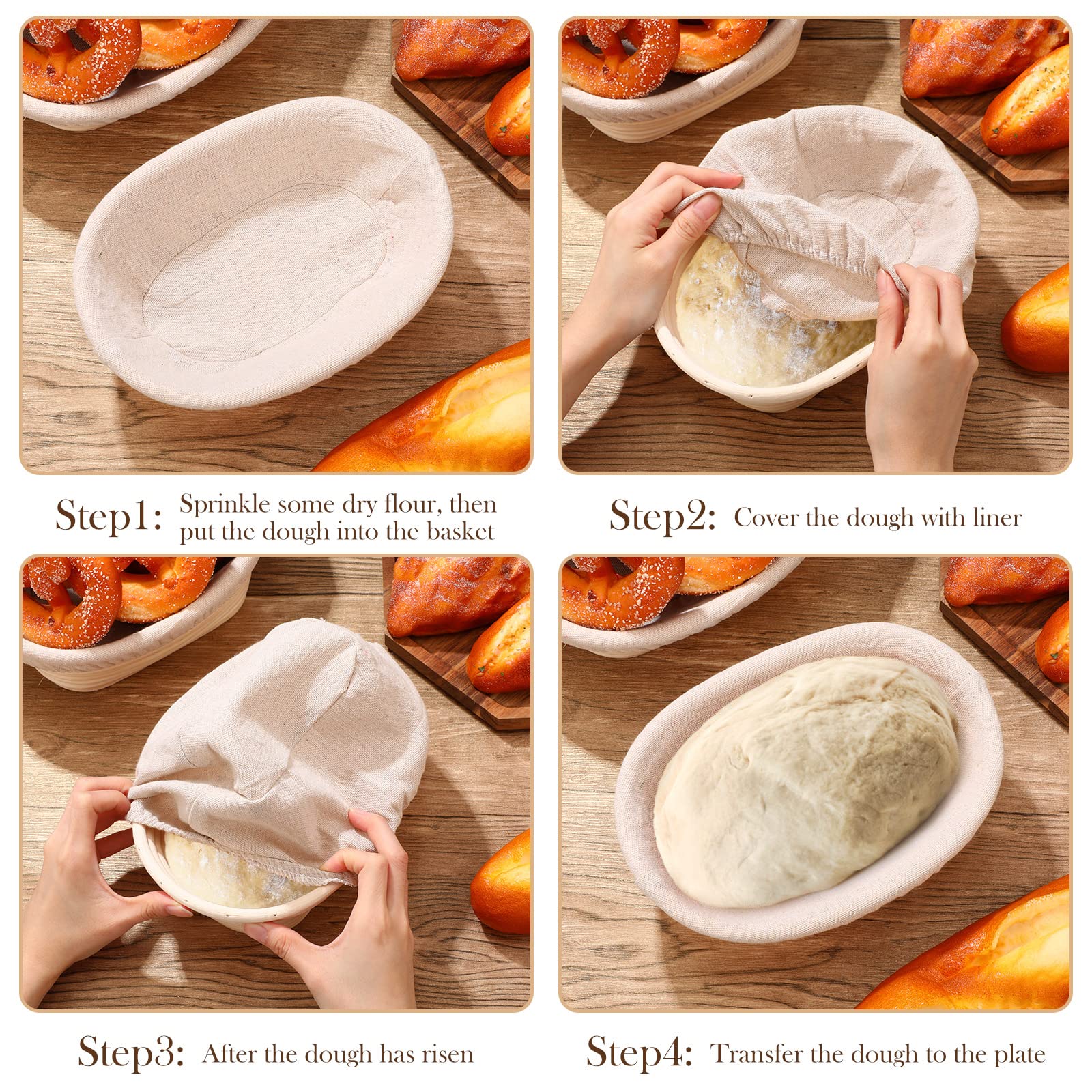 Set of 4 Bread Proofing Basket 8 Inches Oval Shaped Sourdough Bread Proofing Bowl with Liner Rising Rattan Banneton Bowl for Dough Baking