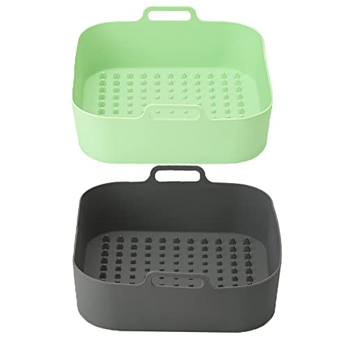 7.5 Inch Air Fryer Liner Silicone,5-7 QT Square Shaped Silicone Air Fryer Liners Bigger Size than Round Shaped to Avoid Cleaning Air Fryer (Square-light green& gray)