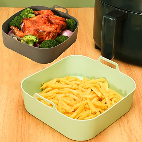 7.5 Inch Air Fryer Liner Silicone,5-7 QT Square Shaped Silicone Air Fryer Liners Bigger Size than Round Shaped to Avoid Cleaning Air Fryer (Square-light green& gray)