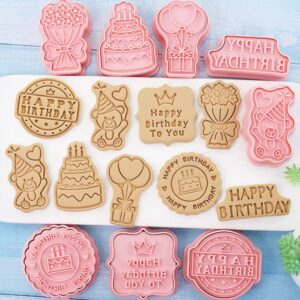 16 Pcs Dog Cookie Cutters 3D Cat Puppy Biscuit Cutter Funny Cartoon Dinosaur Cookie Stamps Embossed Fondant Baking Tool Sugar Craft Cute Cookie Baking Supplies (Happy Birthday)