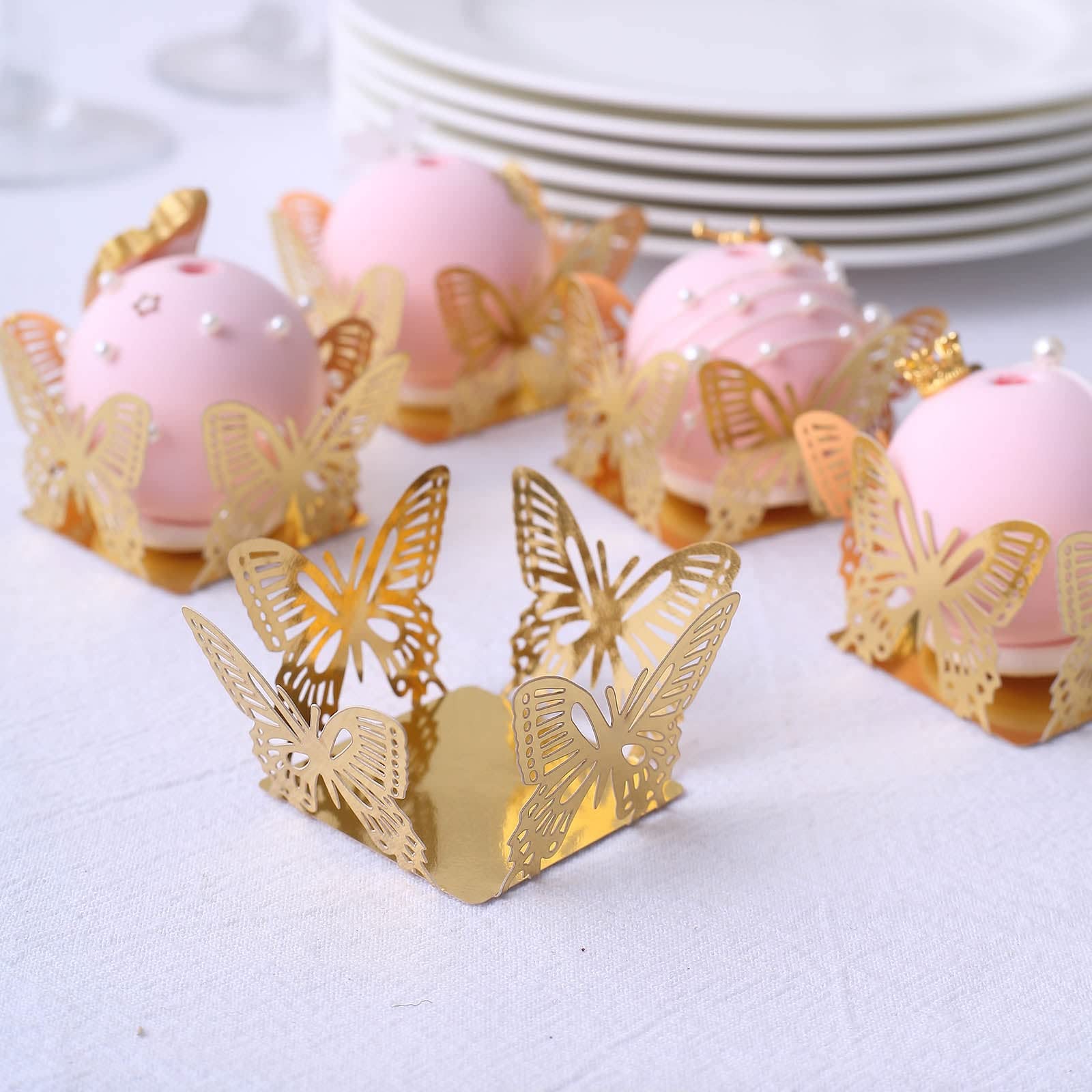 TABLECLOTHSFACTORY 50 Pack | 4" Mini Metallic Gold Butterfly Truffle Cup Dessert Liners, Square Cupcake Tray Wrappers - 225GSM