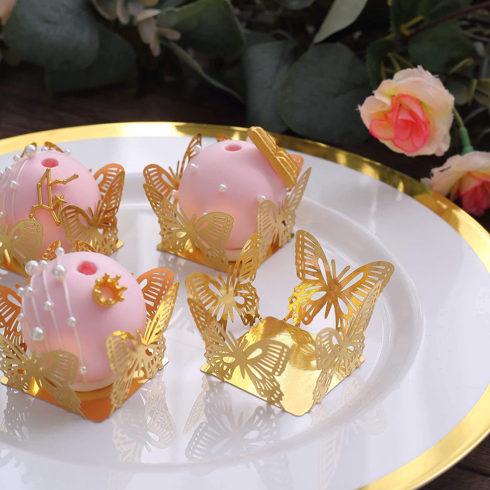 TABLECLOTHSFACTORY 50 Pack | 4" Mini Metallic Gold Butterfly Truffle Cup Dessert Liners, Square Cupcake Tray Wrappers - 225GSM