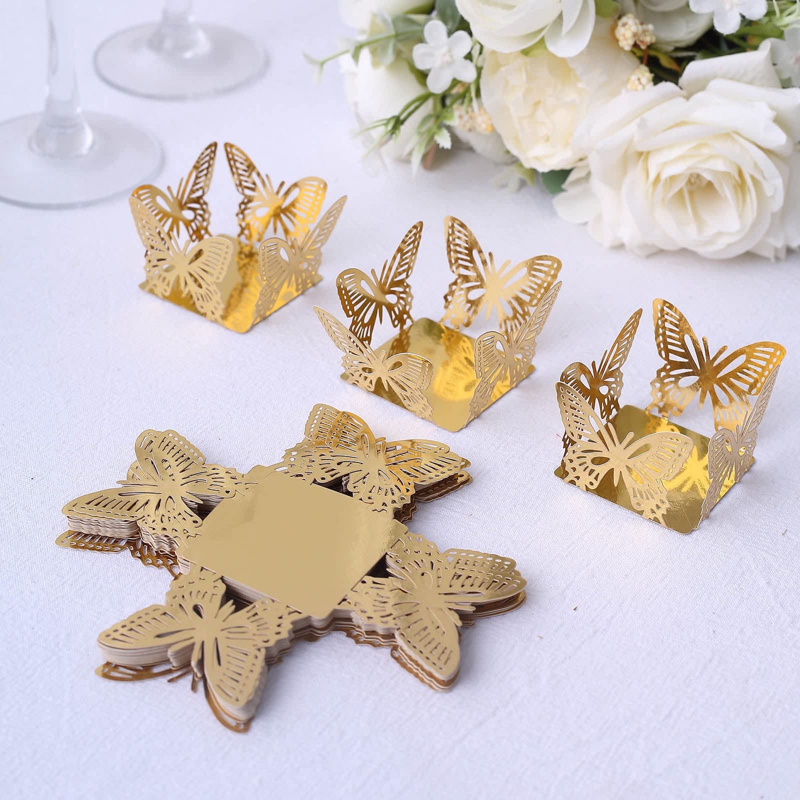 TABLECLOTHSFACTORY 50 Pack | 4" Mini Metallic Gold Butterfly Truffle Cup Dessert Liners, Square Cupcake Tray Wrappers - 225GSM