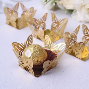 TABLECLOTHSFACTORY 50 Pack | 4" Mini Metallic Gold Butterfly Truffle Cup Dessert Liners, Square Cupcake Tray Wrappers - 225GSM