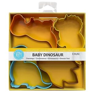 r&m international baby dinosaur cookie cutters, brontosaurus, triceratops, t-rex, and footprint, 4-piece set