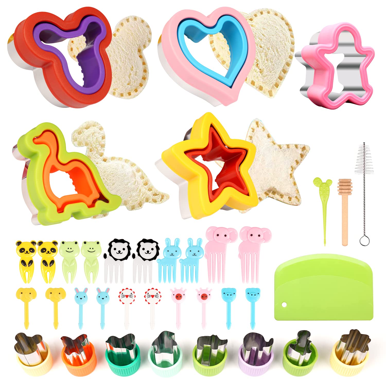 MOHOPE Cookie Cutters set for Kids Lunch -37Pcs, Sandwich Cutter and Sealer with Star, Heart, Dinosaur Shapes, Cartoon Animal Food Picks for Kids, Vegetable Fruit Cutters