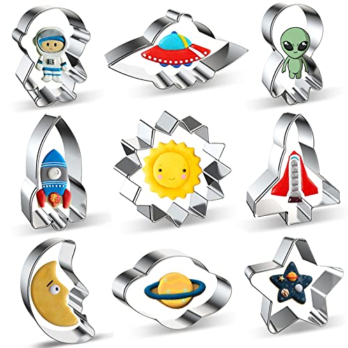 Outer Space Cookie Cutters Shapes 9-Piece Astronaut, Spaceship, Alien, Space Rocket, Sun, Space Shuttle, Moon, Planet, Star Space Theme Cookie Cutter Set for Kids Children Boy Girl Birthday Party