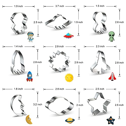 Outer Space Cookie Cutters Shapes 9-Piece Astronaut, Spaceship, Alien, Space Rocket, Sun, Space Shuttle, Moon, Planet, Star Space Theme Cookie Cutter Set for Kids Children Boy Girl Birthday Party