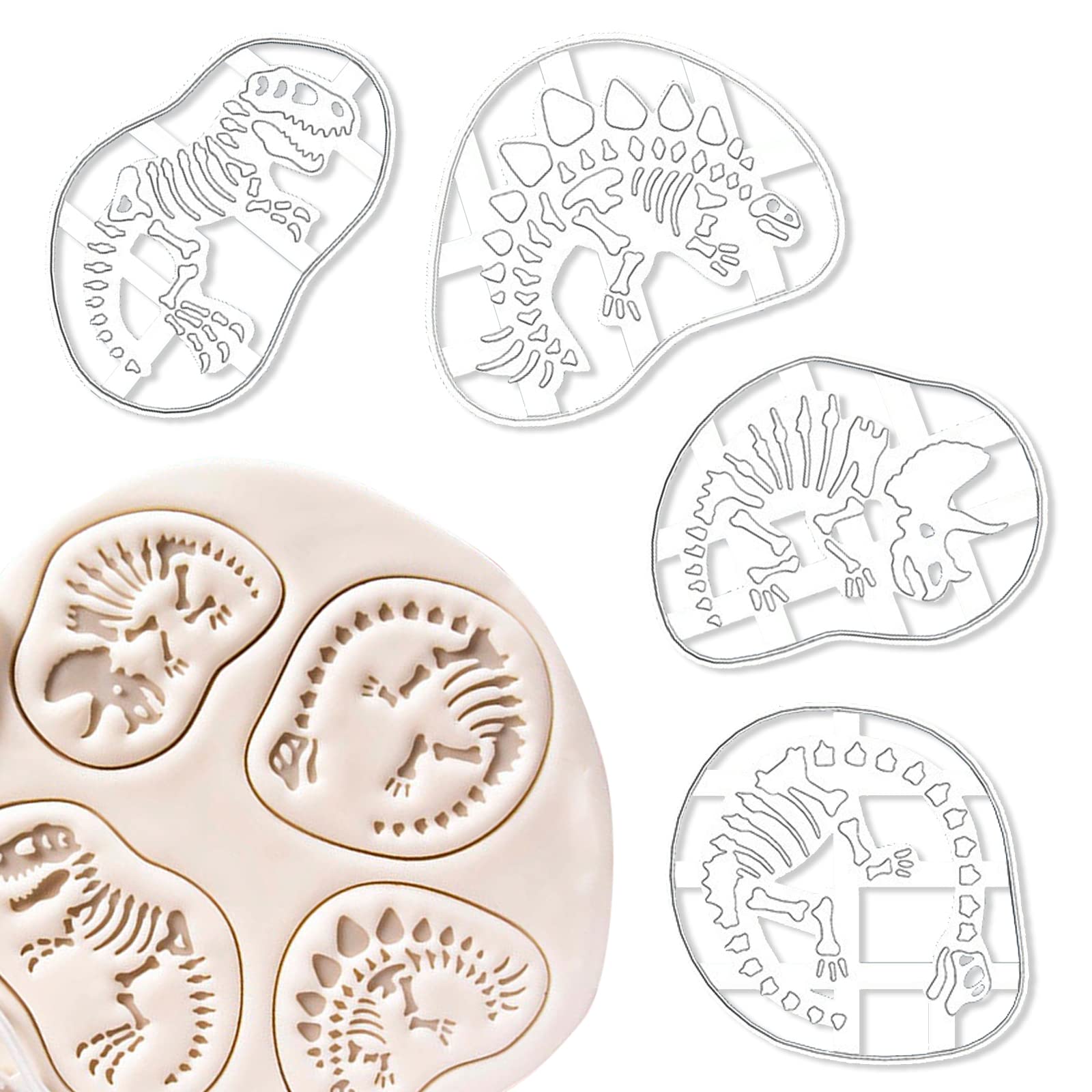 4 Pcs Dinosaur Cookie Cutters Dinosaur Skeleton Fossil Cookie Cutters Stegosaurus T-Rex Tanystropheus Triceratops Bone Fossil Mold for Stamp Baking Dinosaur Biscuits Enthusiasts