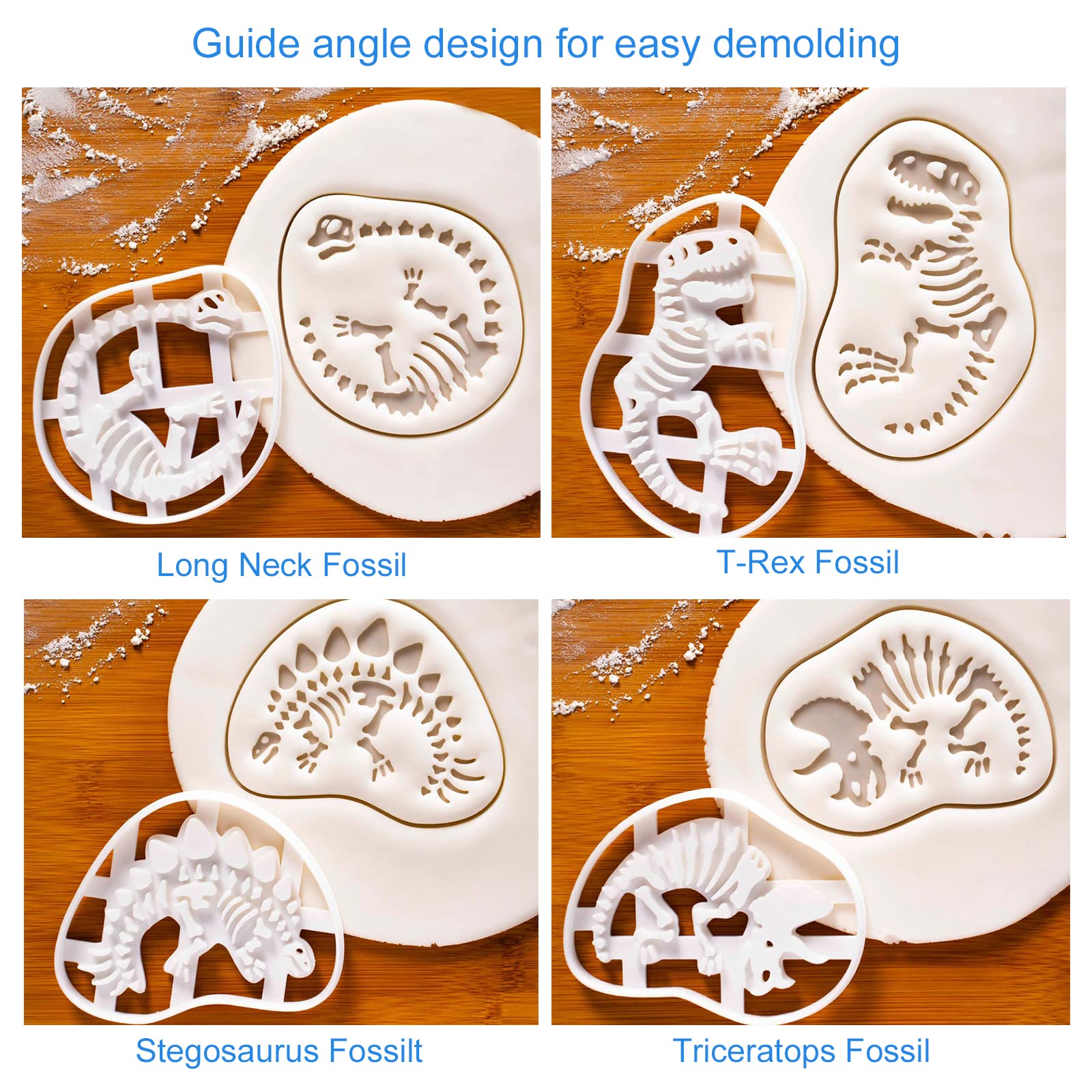 4 Pcs Dinosaur Cookie Cutters Dinosaur Skeleton Fossil Cookie Cutters Stegosaurus T-Rex Tanystropheus Triceratops Bone Fossil Mold for Stamp Baking Dinosaur Biscuits Enthusiasts