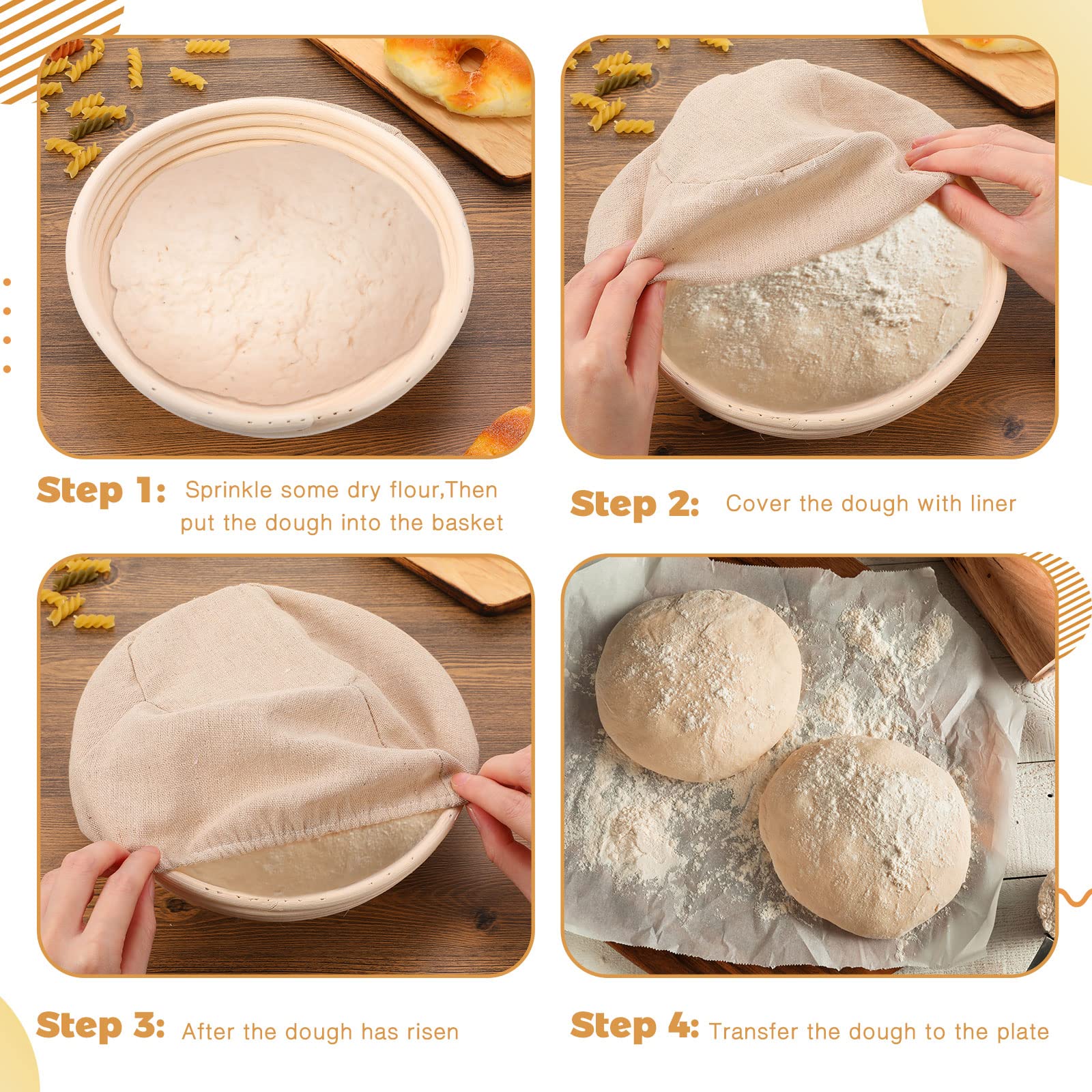 5 Pieces 8.5 Inch Banneton Bread Proofing Basket Round Sourdough Proofing Basket Banneton Basket Dough Proofing Bowl with Liners and Scatters for Home Making Bread Bakers Baking