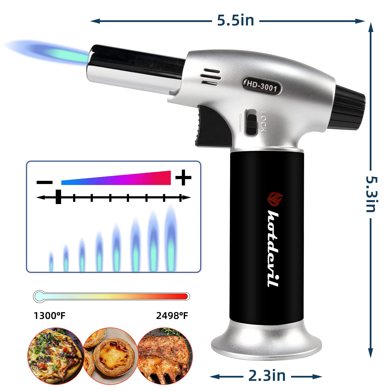 Hotdevil Butane Culinary Torch 6g Refillable Tank Cooking Kitchen Torch Lighter Fit All Butane Cartridge Blow Torch/w Safety Lock Adjustable Flame for BBQ Creme Brulee Dessert(Butane Gas Not Include)