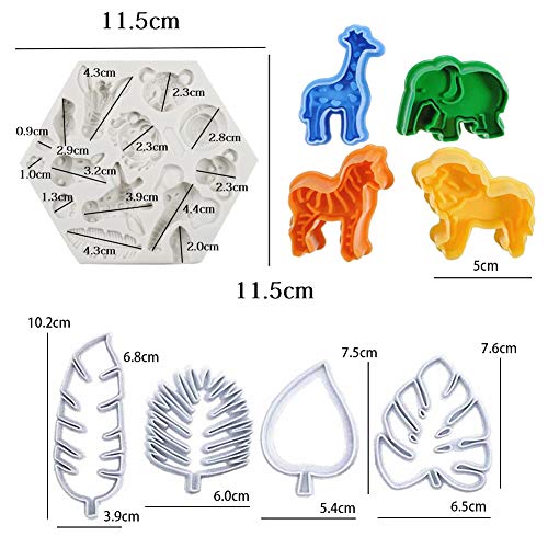 9Pcs/Set Jungle Safari Animal Cake Fondant Mold with Tropical Leaf Cookie Cutter, Hawaiian Palm Leaves Sugar Craft Cutters for Jungle Animals Brithday Party Baby Shower Cake Cupcake Decorations Tools