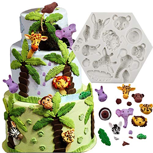 9Pcs/Set Jungle Safari Animal Cake Fondant Mold with Tropical Leaf Cookie Cutter, Hawaiian Palm Leaves Sugar Craft Cutters for Jungle Animals Brithday Party Baby Shower Cake Cupcake Decorations Tools