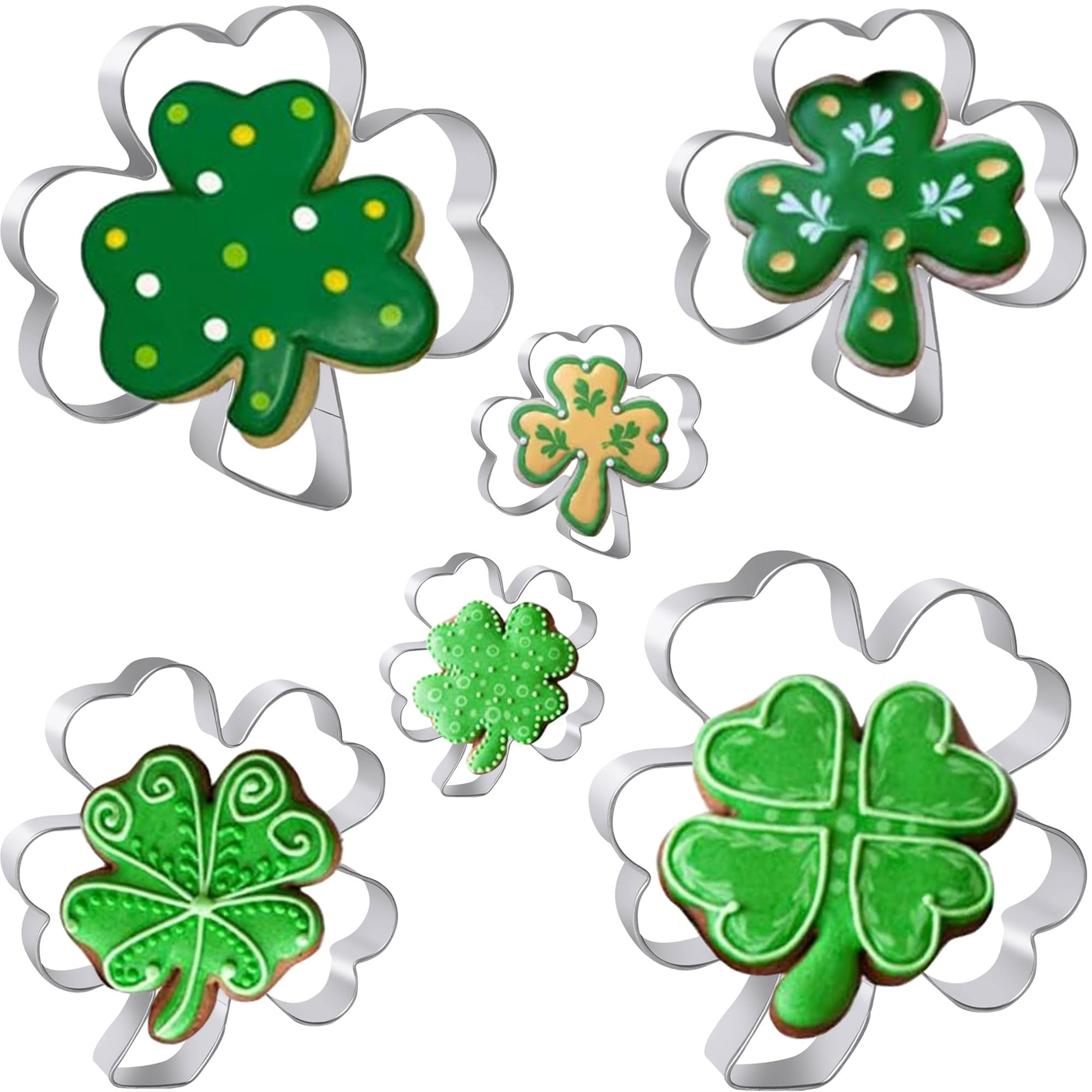 Shamrock Cookie Cutters Set, 6 Pieces St. Patrick's Day Clover,Four Leaf Clover Shaped Cookie Cutters Supplies4'', 3'',1.8' Biscuit Cutters for Saint Patrick's Day Irish Party