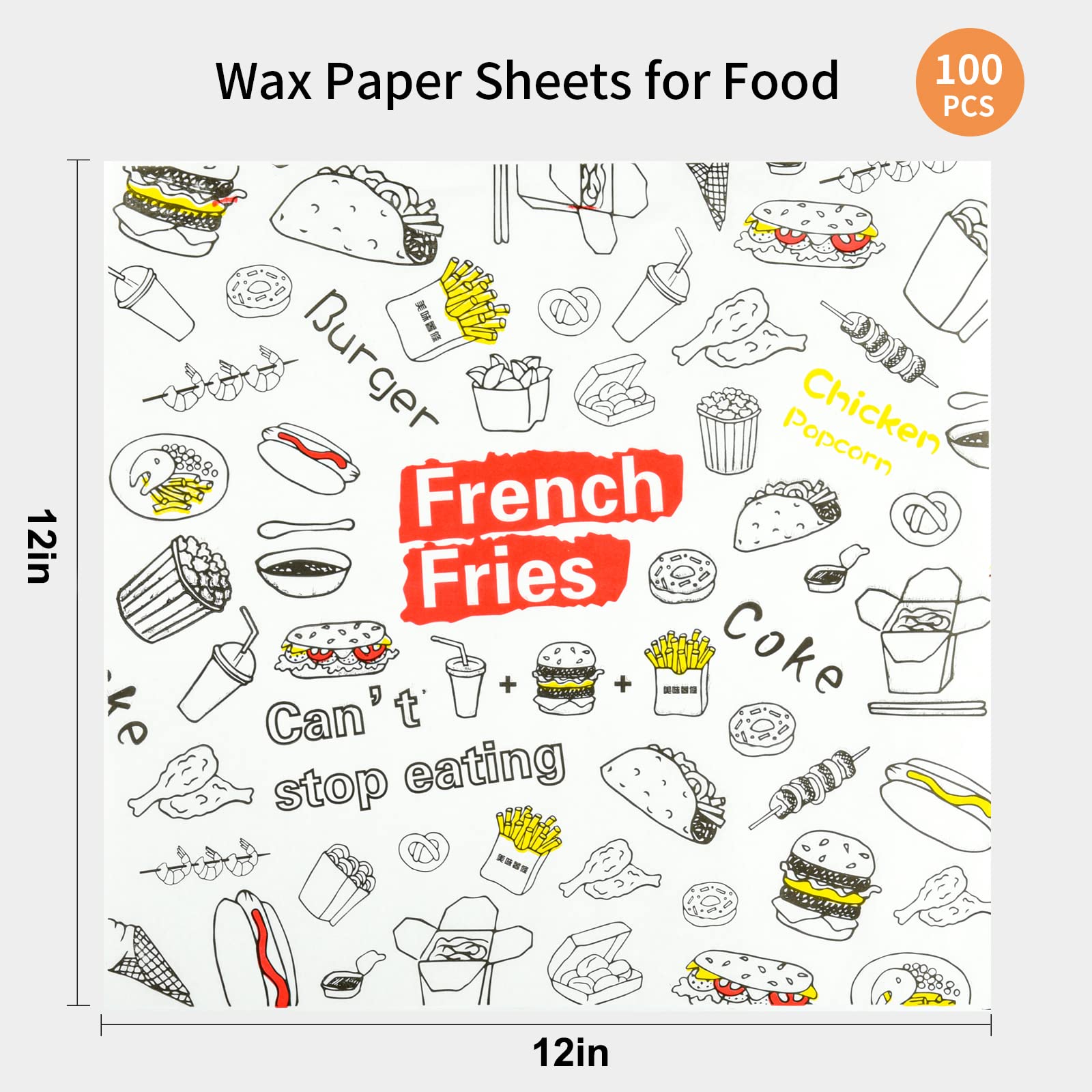 Hutuzldz 100Pcs Wax Paper Sheets for Food, Parchment Paper, Sandwich Wrapping Paper, Basket Liners Food Picnic Paper Sheets Greaseproof Deli Wrapping Sheets, 12 x 12 Inch