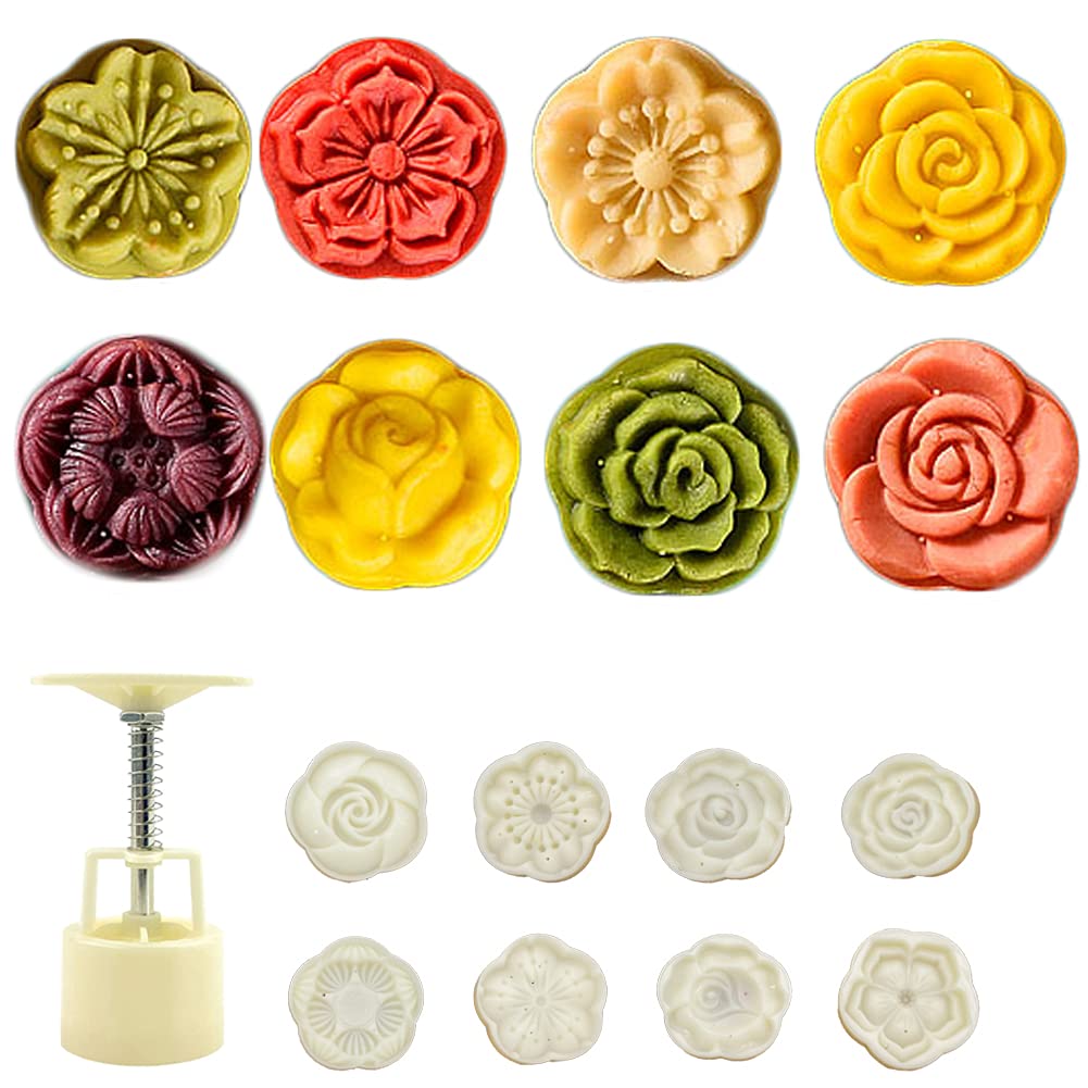 8pcs 50g Cookie Stamps, Floral Cookie Mold DIY Moon Cake Mold Set Hand Press Cookie Dessert Cutter Pastry Decoration Tool Mooncake Maker