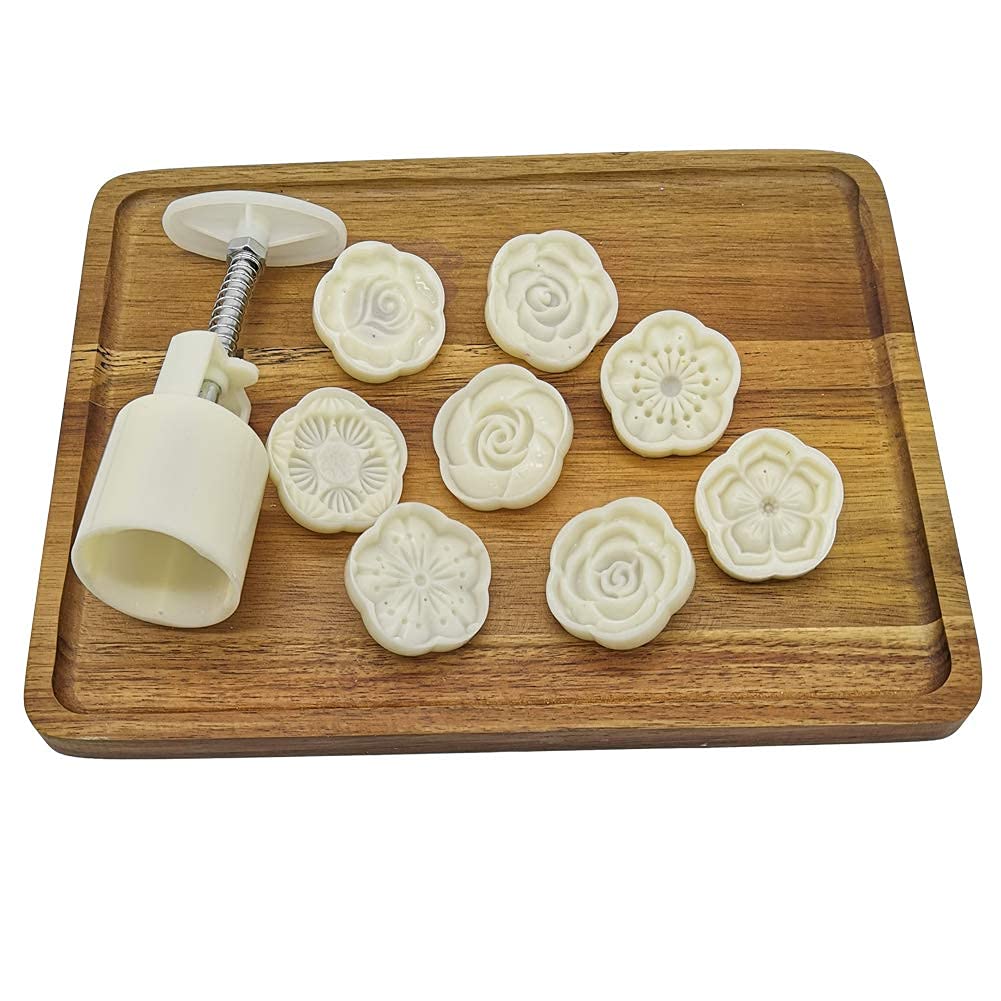 8pcs 50g Cookie Stamps, Floral Cookie Mold DIY Moon Cake Mold Set Hand Press Cookie Dessert Cutter Pastry Decoration Tool Mooncake Maker