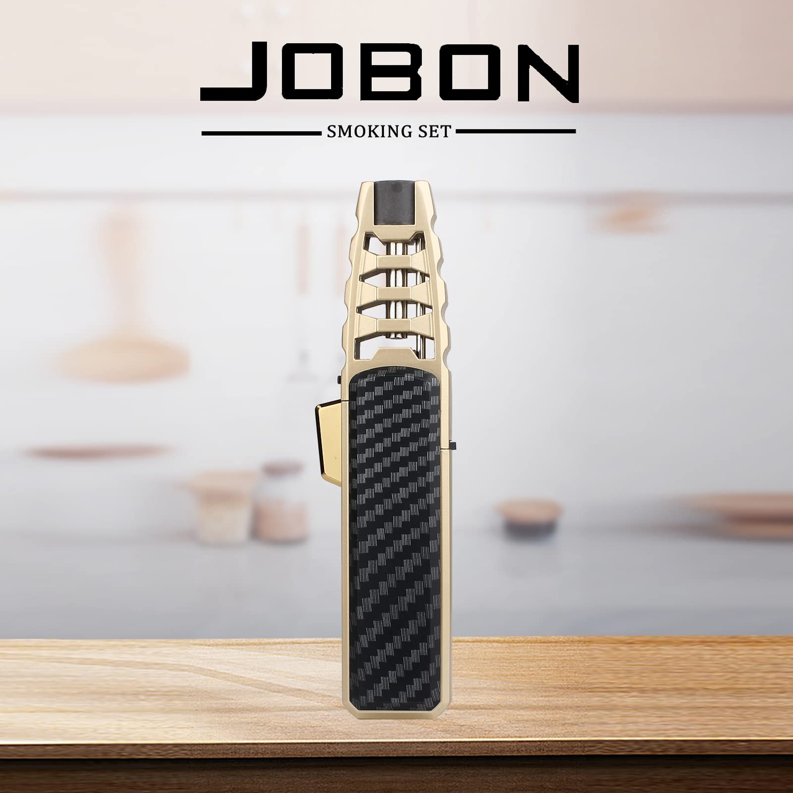 JOBON Butane Torch Lighter, Refillable Blow Jet Solar Flamethrower Best Torches, for Baking Cooking BBQ Kitchen Camping Creme Brûlée - No Gas Included (Gold Lacquer With Black)