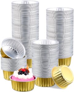 150 pcs patelai aluminum foil cups 4.2 oz mini baking cups gold cupcake liners disposable ramekins foil muffin pans for pie souffle pudding holder wedding birthday party (round)