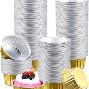 150 Pcs Patelai Aluminum Foil Cups 4.2 oz Mini Baking Cups Gold Cupcake Liners Disposable Ramekins Foil Muffin Pans for Pie Souffle Pudding Holder Wedding Birthday Party (Round)