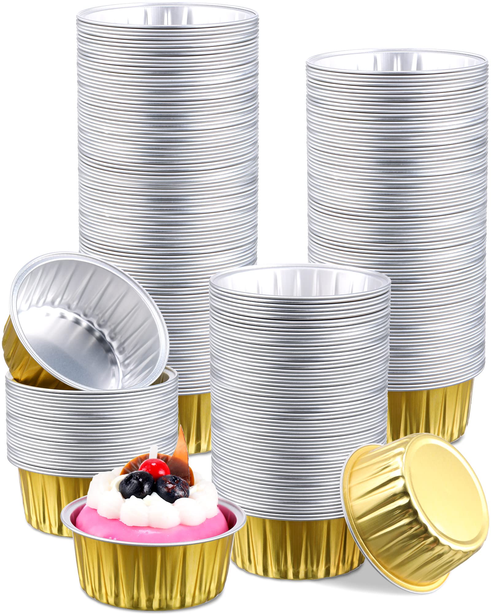 150 Pcs Patelai Aluminum Foil Cups 4.2 oz Mini Baking Cups Gold Cupcake Liners Disposable Ramekins Foil Muffin Pans for Pie Souffle Pudding Holder Wedding Birthday Party (Round)