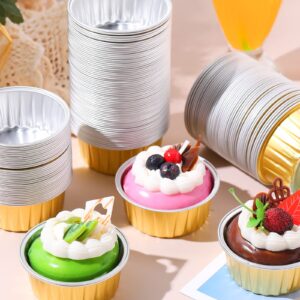 150 Pcs Patelai Aluminum Foil Cups 4.2 oz Mini Baking Cups Gold Cupcake Liners Disposable Ramekins Foil Muffin Pans for Pie Souffle Pudding Holder Wedding Birthday Party (Round)