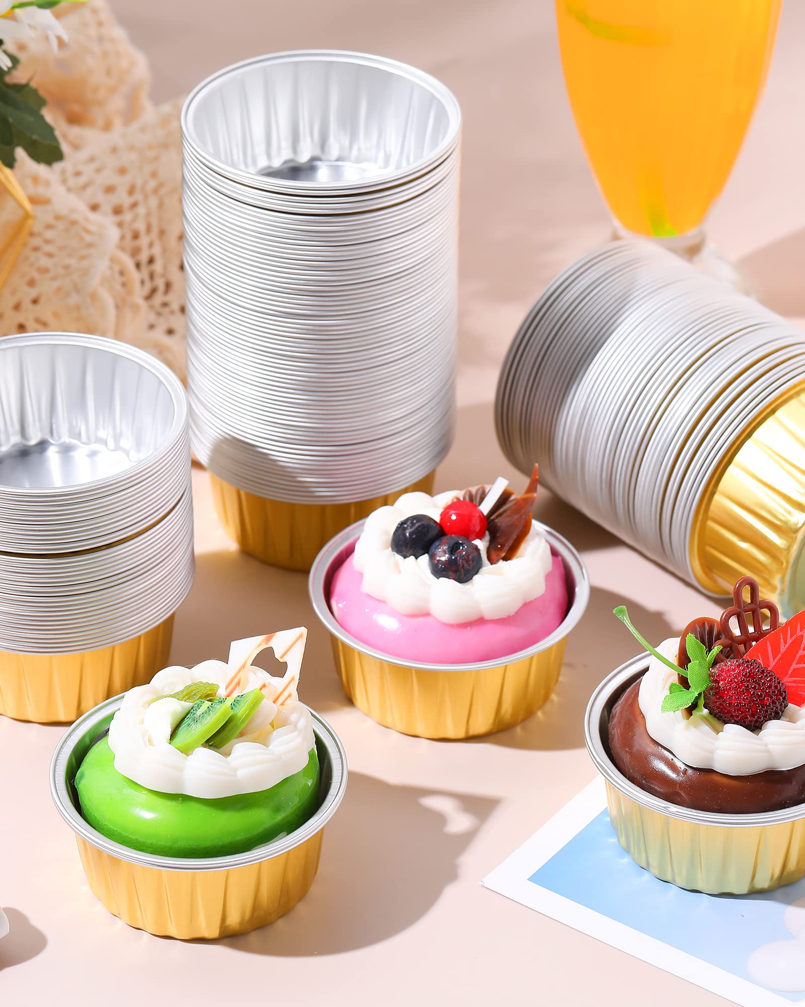 150 Pcs Patelai Aluminum Foil Cups 4.2 oz Mini Baking Cups Gold Cupcake Liners Disposable Ramekins Foil Muffin Pans for Pie Souffle Pudding Holder Wedding Birthday Party (Round)