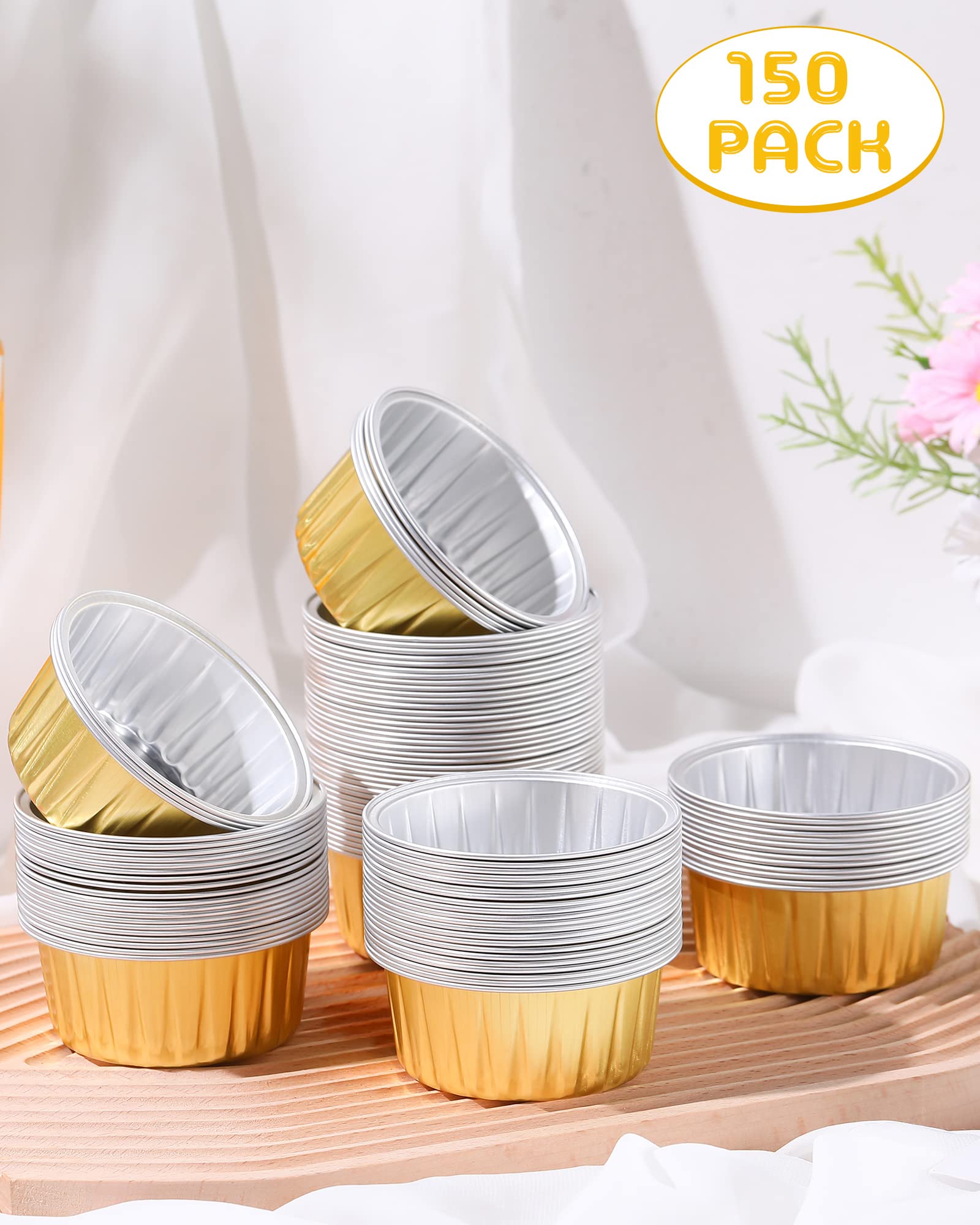 150 Pcs Patelai Aluminum Foil Cups 4.2 oz Mini Baking Cups Gold Cupcake Liners Disposable Ramekins Foil Muffin Pans for Pie Souffle Pudding Holder Wedding Birthday Party (Round)