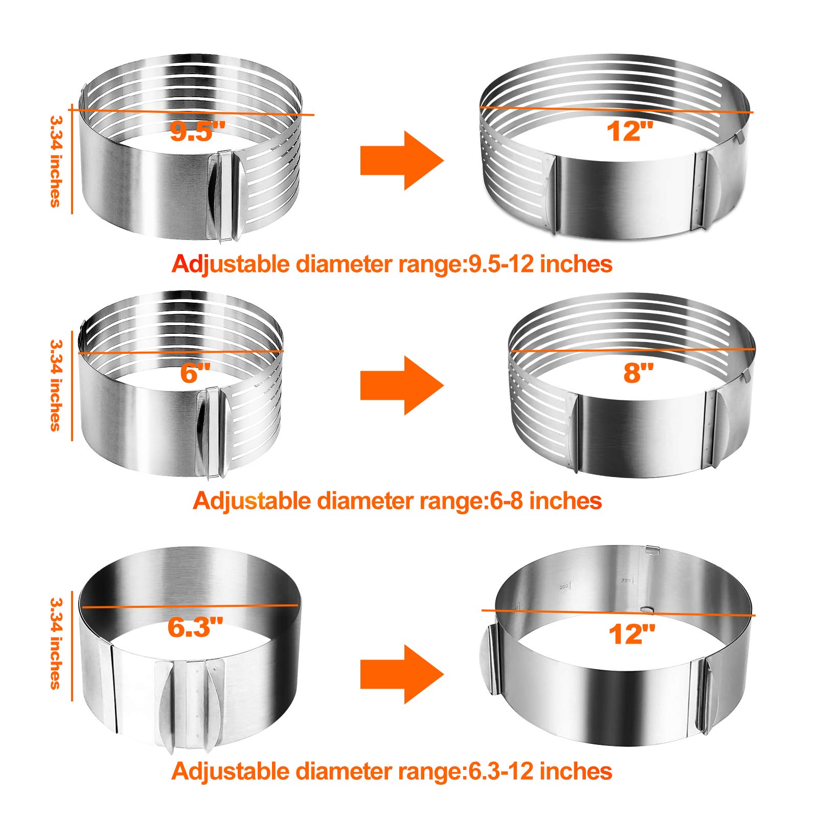 3PCS Adjustable Cake Slicer and Cake Mold 6"-8" & 9.5"-12" 7-Layer Cake Cutter Leveler Stainless Steel Cake Slicing Ring 6.3"-12" Round Mousse Mould DIY Baking Tools for Cake Decor