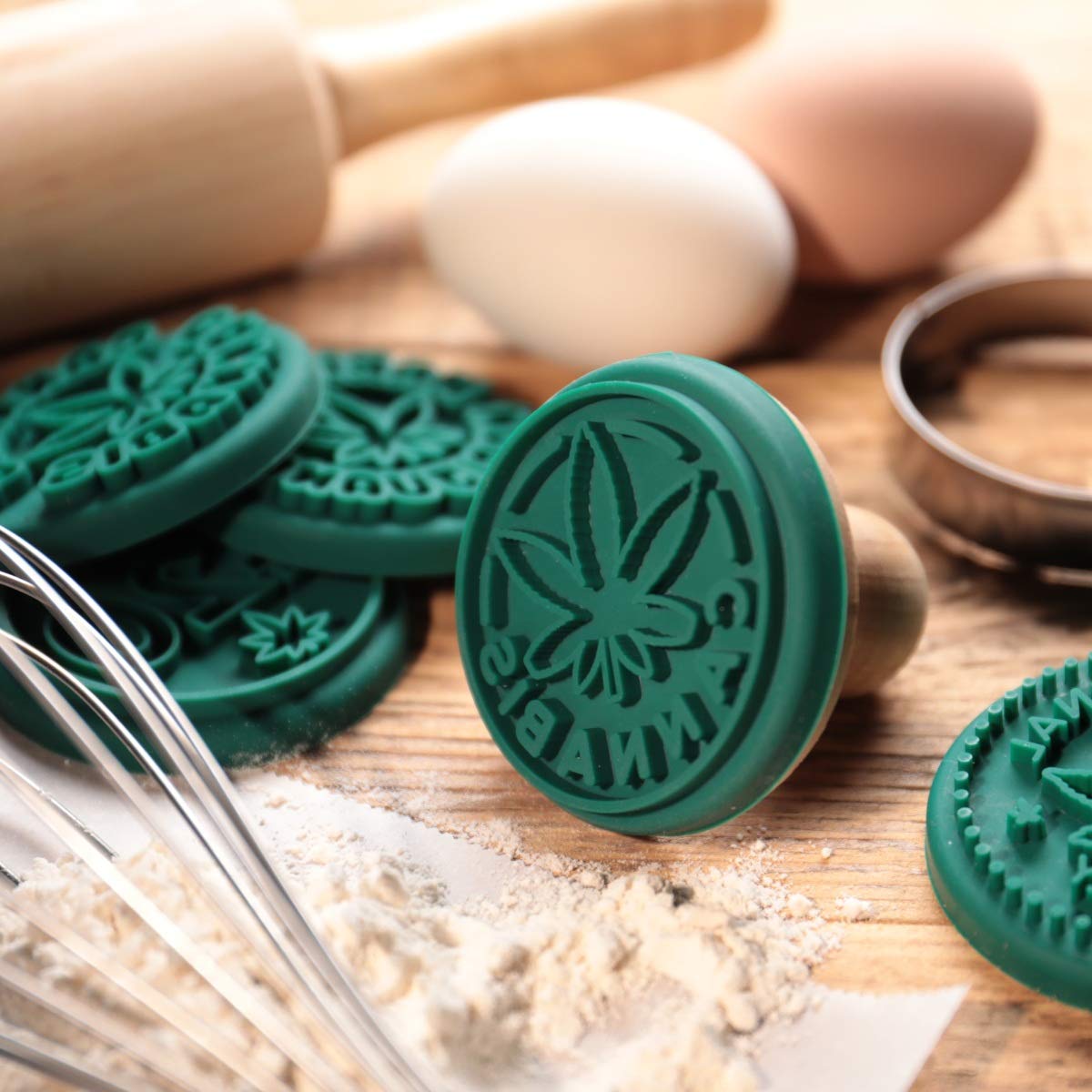 PJ BOLD Marijuana Silicone Cookie Stamps, Stainless Steel Cookie Cutter, Wood Handle, Party Novelty Gift, 6 Stamp Set