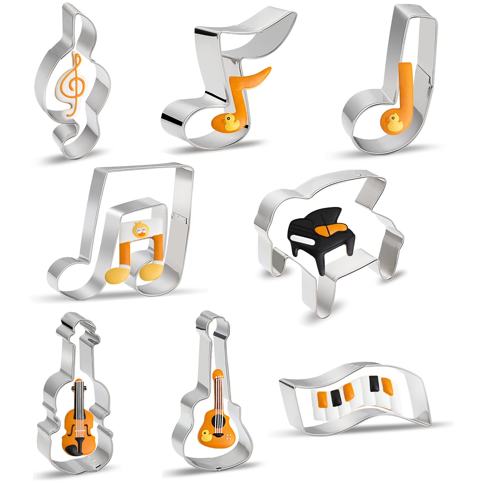 Music Note Cookie Cutter Shapes Set - 8 Pieces Stainless Steel Metal G Clef, Eighth Note, a Quarter Note, Piano, Violin, Guitar, Piano Keyboard Musical Instruments Biscuit Fondant Cookie Cutters Molds