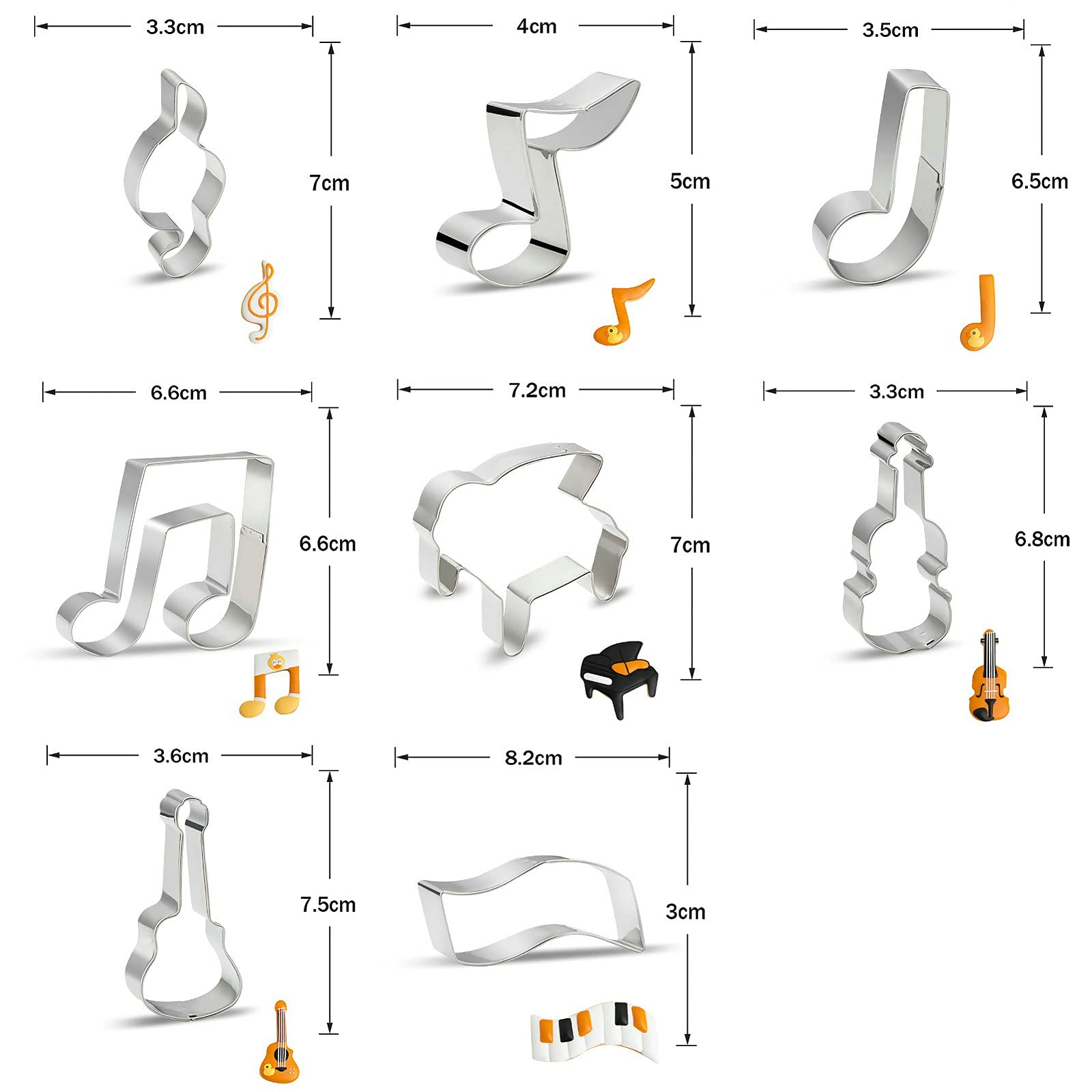 Music Note Cookie Cutter Shapes Set - 8 Pieces Stainless Steel Metal G Clef, Eighth Note, a Quarter Note, Piano, Violin, Guitar, Piano Keyboard Musical Instruments Biscuit Fondant Cookie Cutters Molds