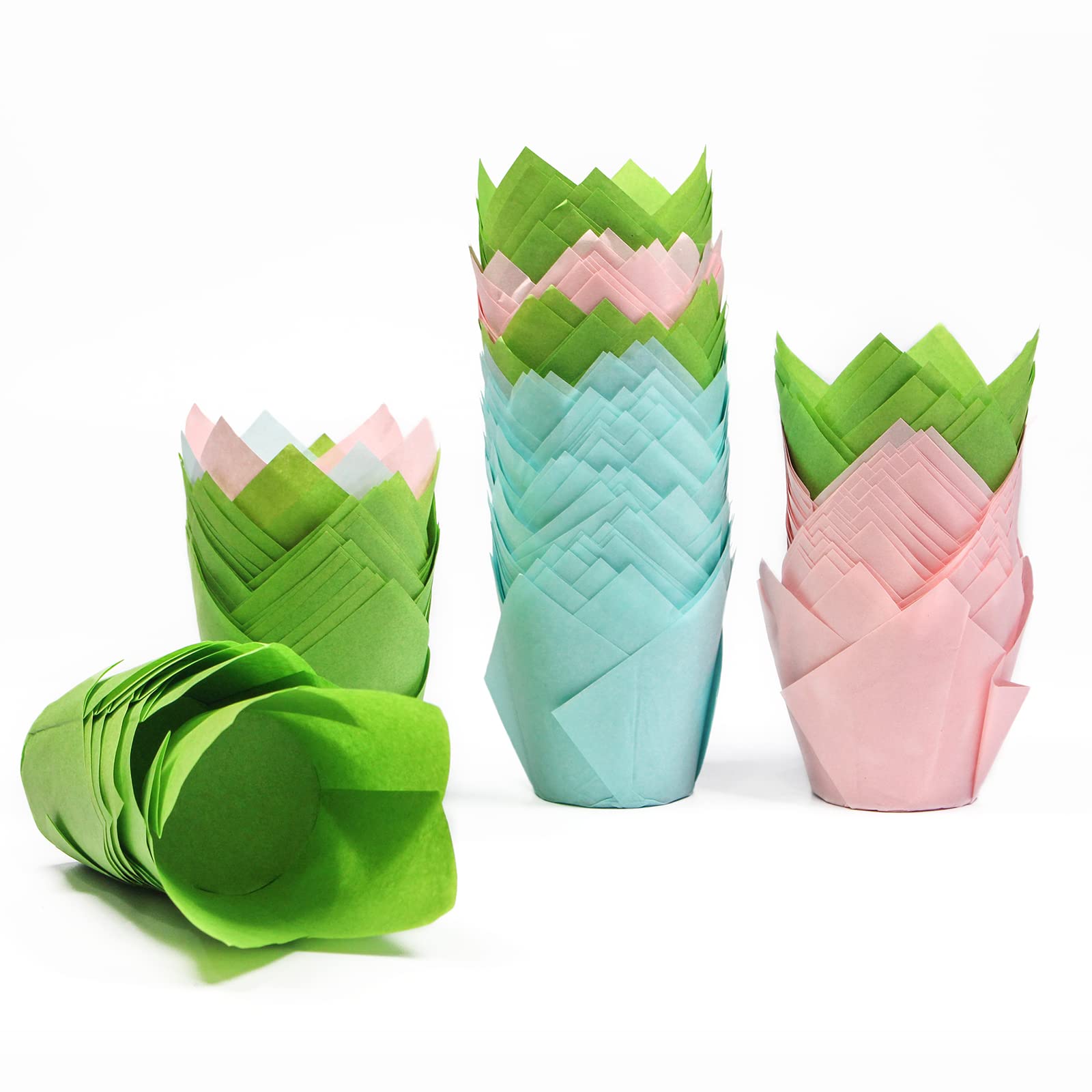 150 Pcs Tulip Cupcake Liners Baking Cups Muffin Liners, Grease Resistant Baking Cupcake Papers Liners for Weddings, Birthdays, Party, Holiday Celebration (Solid Color-Green Blue Pink)