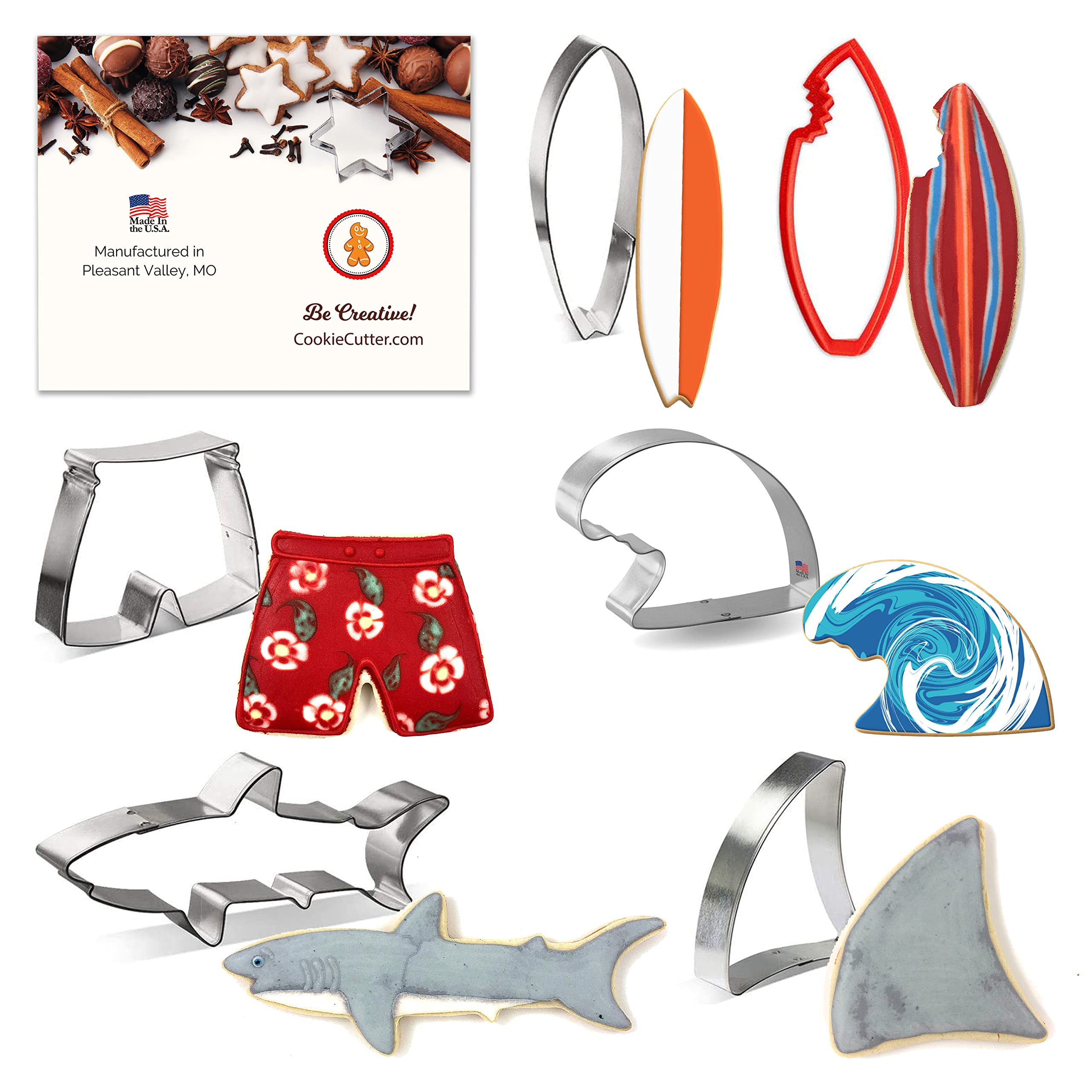 Surfs Up Cookie Cutter 6 Pc Set – Shark, Shark Fin, Surfboard, Surfboard with Bite, Swimming Trunks, Wave, Recipe Card Cookie Cutters Hand Made in the USA from Tin Plated Steel