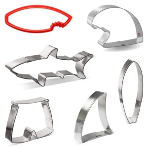 Surfs Up Cookie Cutter 6 Pc Set – Shark, Shark Fin, Surfboard, Surfboard with Bite, Swimming Trunks, Wave, Recipe Card Cookie Cutters Hand Made in the USA from Tin Plated Steel