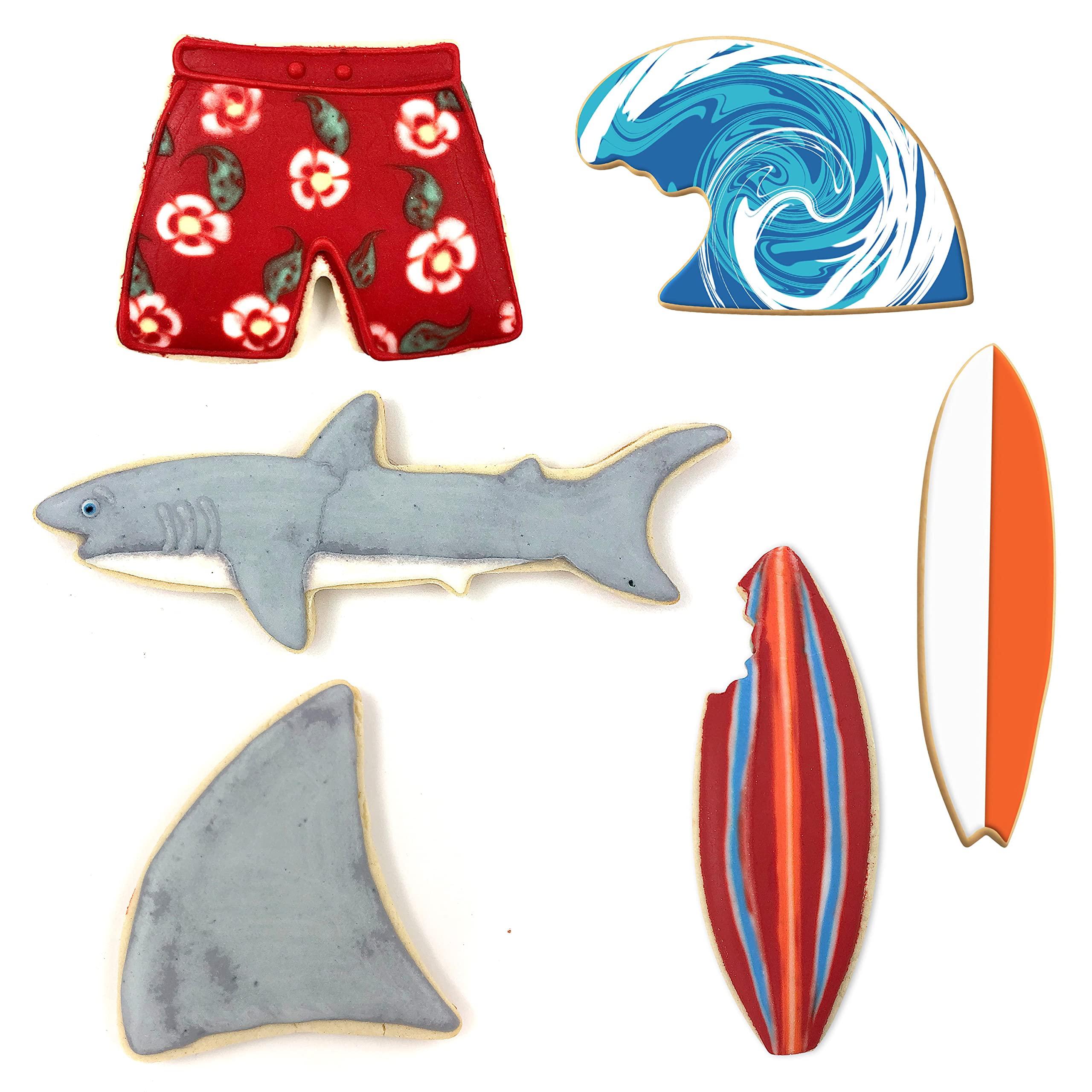 Surfs Up Cookie Cutter 6 Pc Set – Shark, Shark Fin, Surfboard, Surfboard with Bite, Swimming Trunks, Wave, Recipe Card Cookie Cutters Hand Made in the USA from Tin Plated Steel