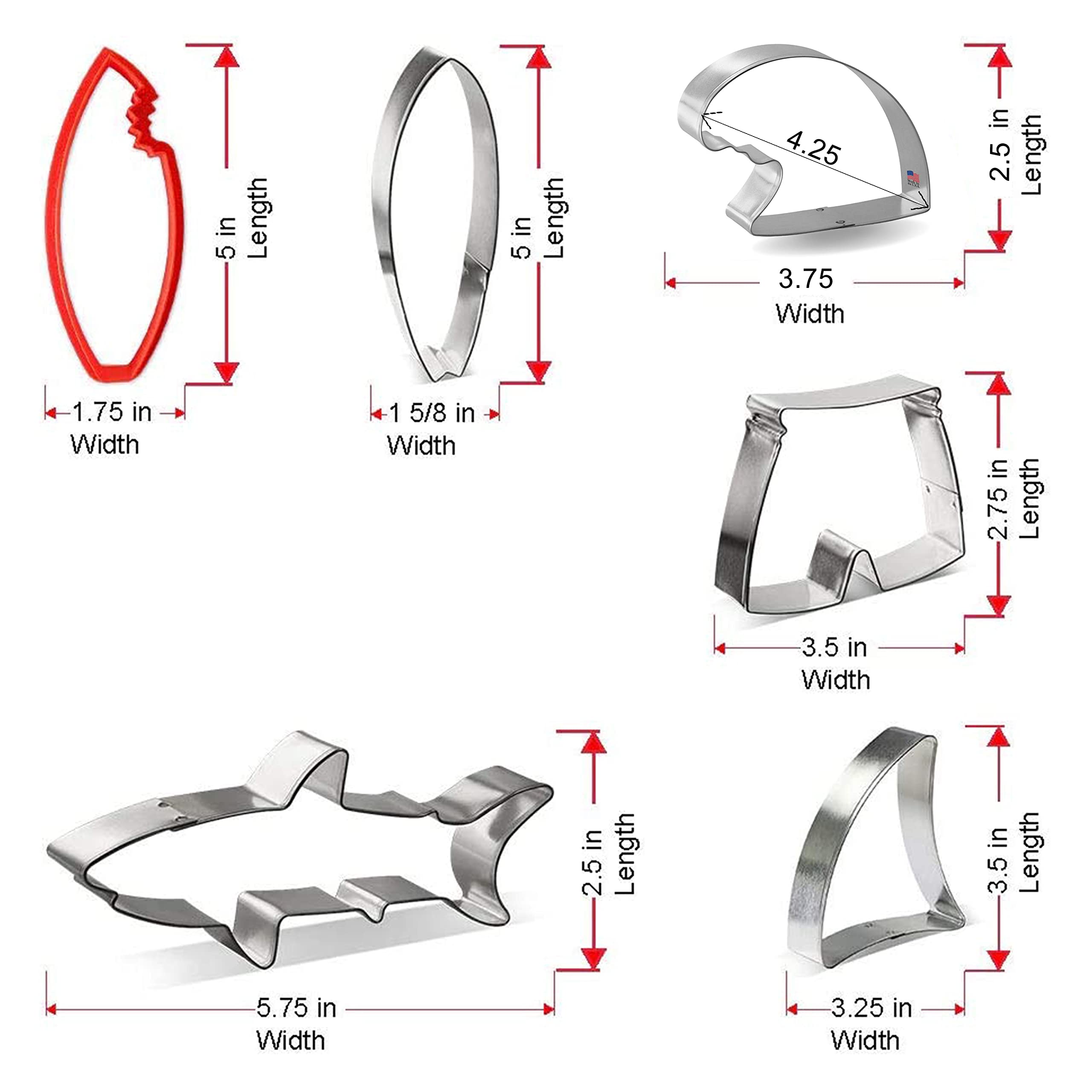 Surfs Up Cookie Cutter 6 Pc Set – Shark, Shark Fin, Surfboard, Surfboard with Bite, Swimming Trunks, Wave, Recipe Card Cookie Cutters Hand Made in the USA from Tin Plated Steel